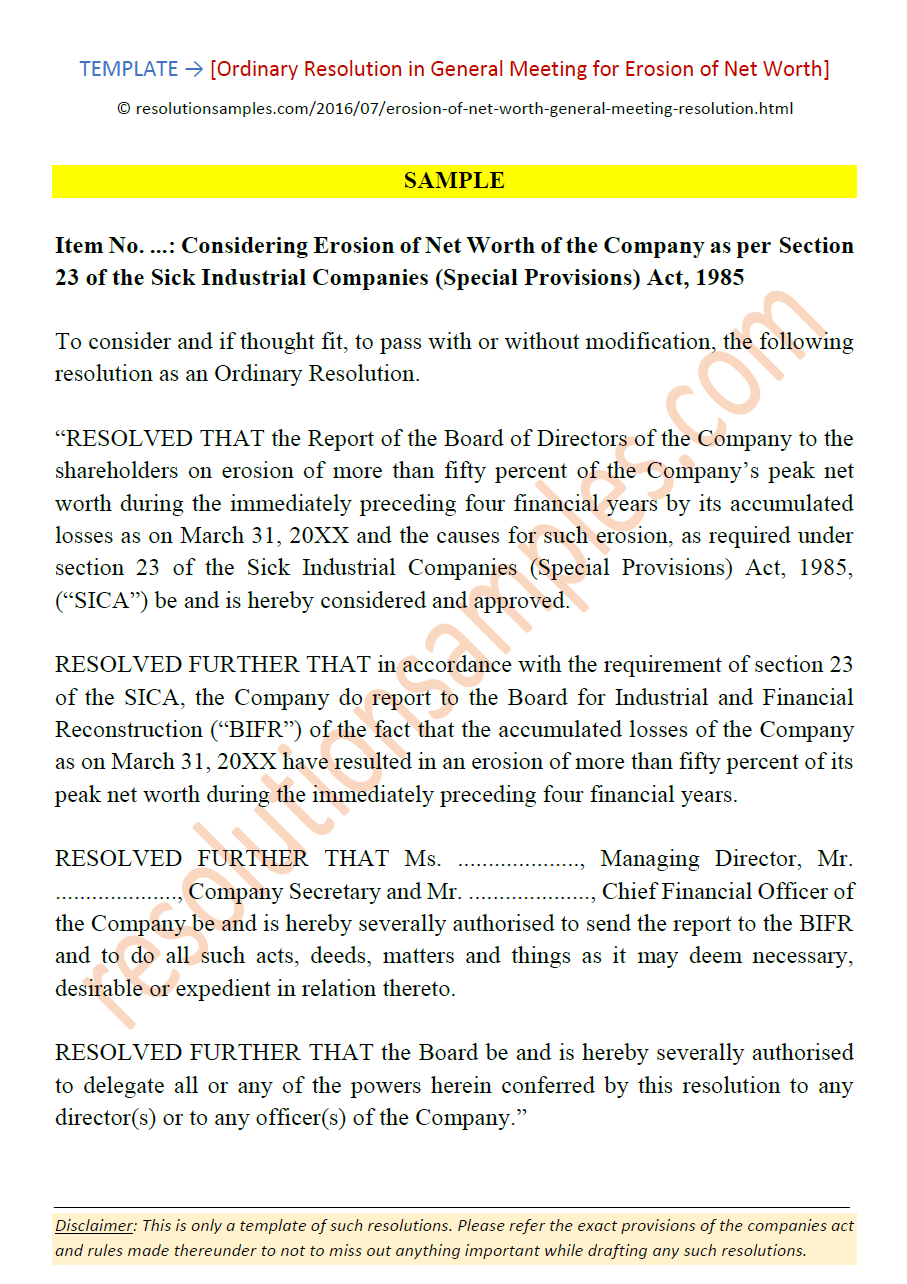 Ordinary Resolution in General Meeting for Erosion of Net Worth