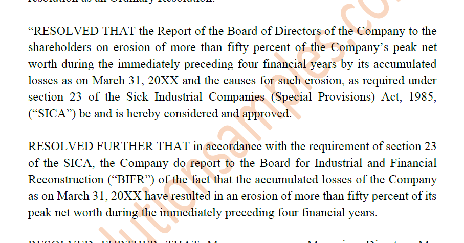 Ordinary Resolution in General Meeting for Erosion of Net Worth