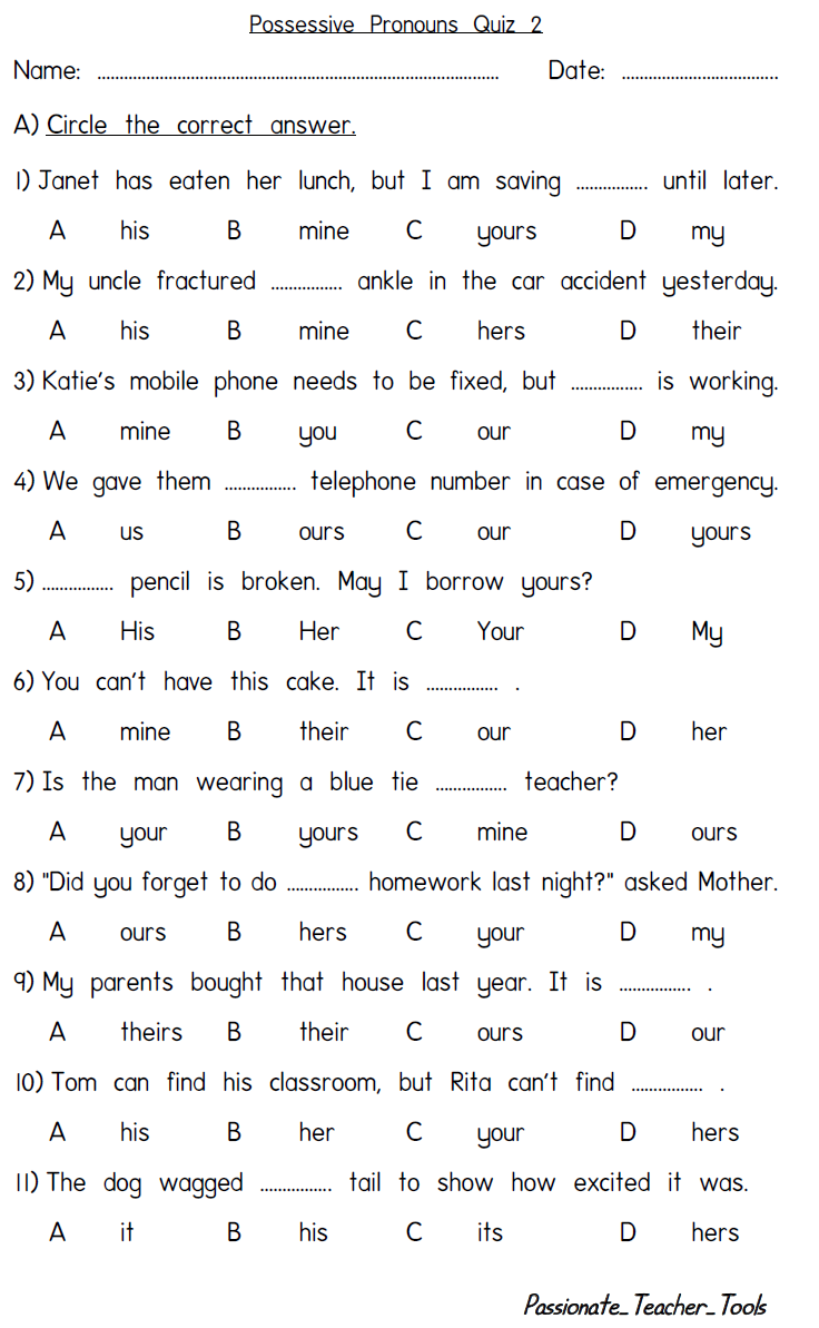 Passionate Teacher Tools: Possessive Pronouns Quiz 2 (With Answers)