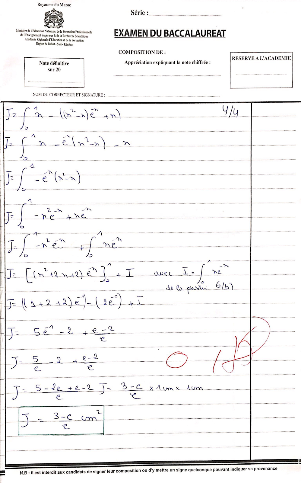 Copie exemplaire 20 sur 20 en maths Examen national bac 2018 science x