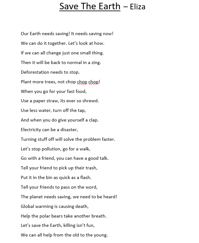 Year 4: Eliza's Save The Earth Poem