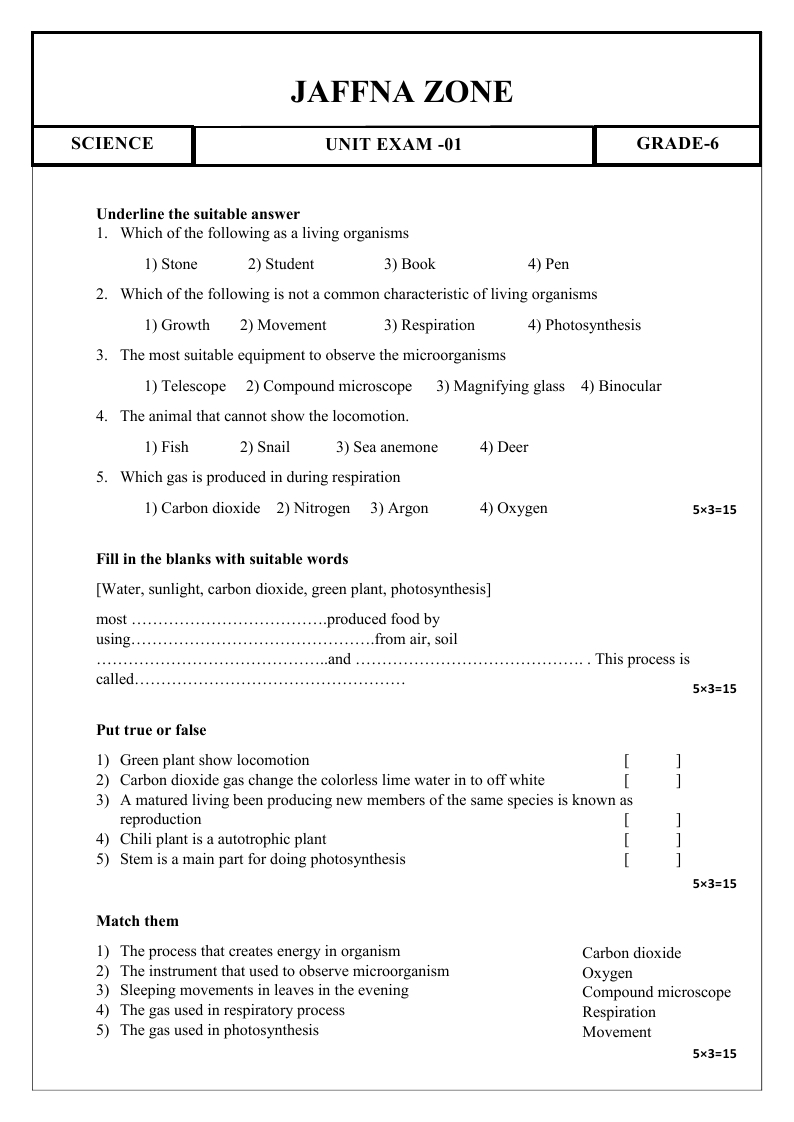 Grade 6_Science_Unit Exam 01 & 02_Jaffna Zone - www.lkedu.lk