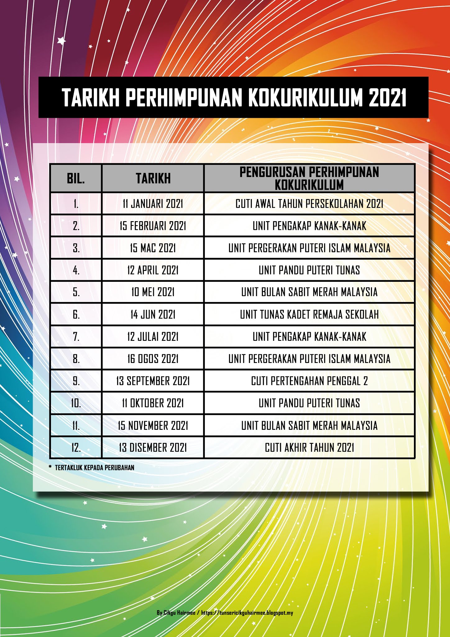 BLOG RASMI CIKGU HAIRMEE: Takwim Perhimpunan Kokurikulum 2021