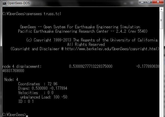 OpenSees 日本語: OpenSees Basic Examples (A3: 基本的なトラス解析) 解析結果