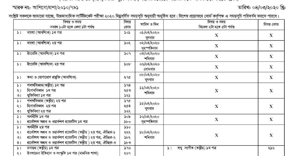 এইচএসসি পরীক্ষার রু‌টিন (সং‌শো‌ধিত) HSC Routine 2020