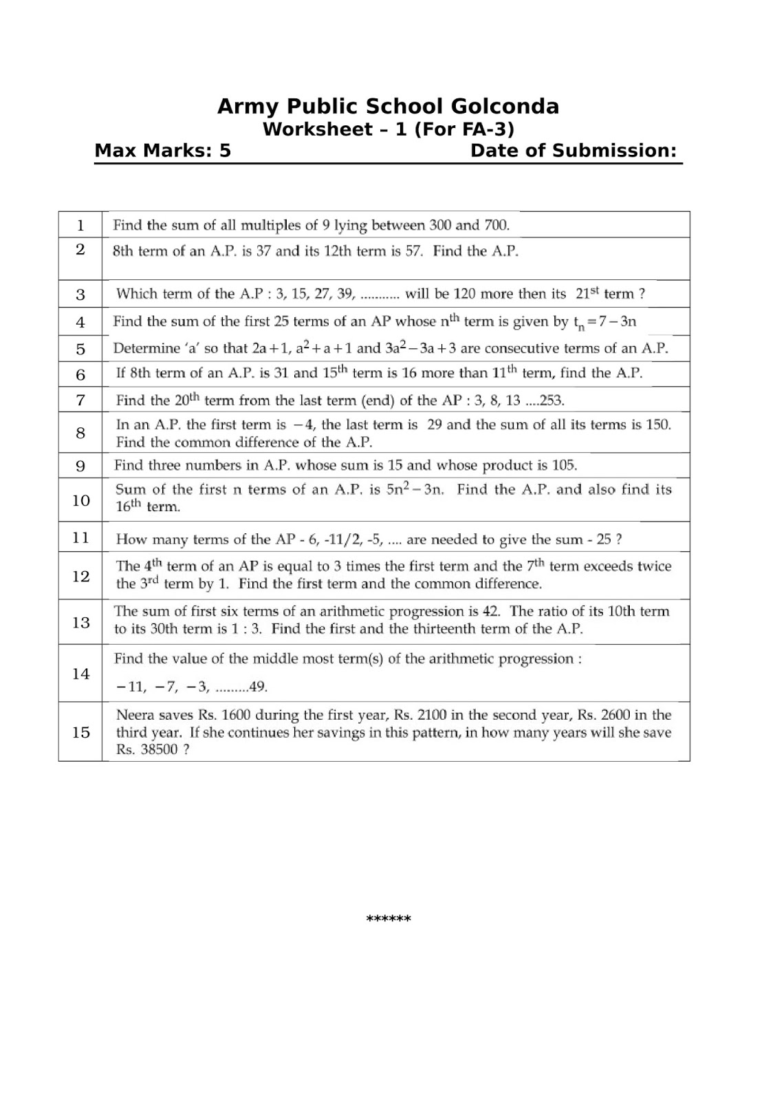 RAGHU: Arithmetic Progression Worksheet for FA-3 2016-17 RAGHU: Arithmetic Progression Worksheet for FA-3 2016-17