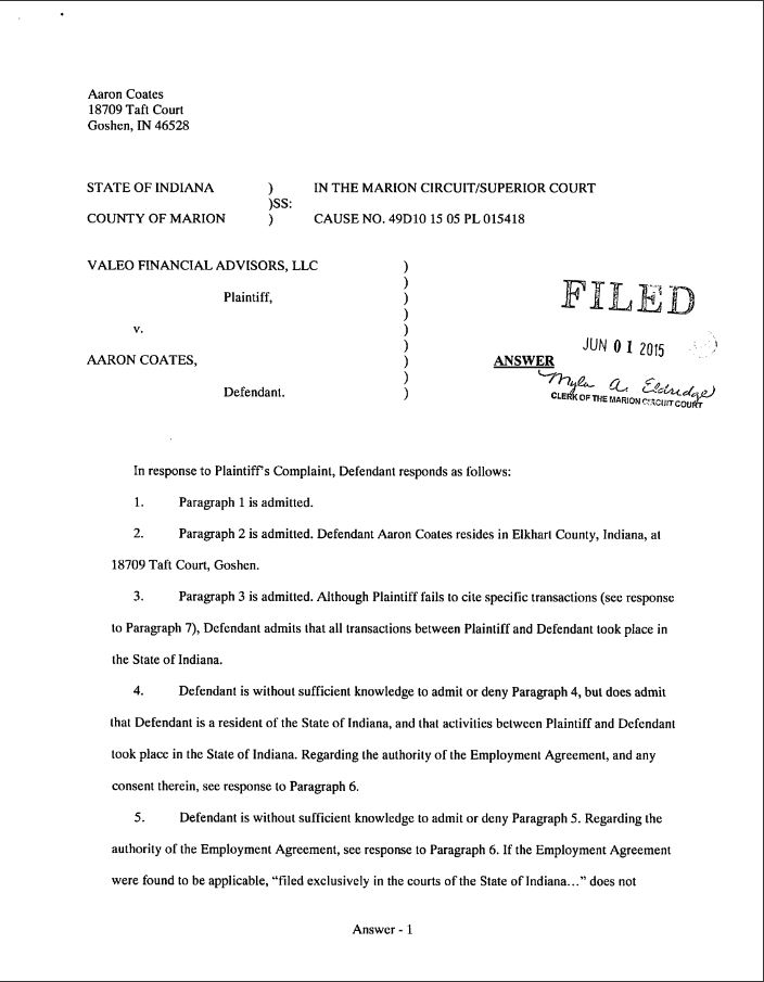 My Indiana Civil Suit: Valeo's Complaint and My Answer