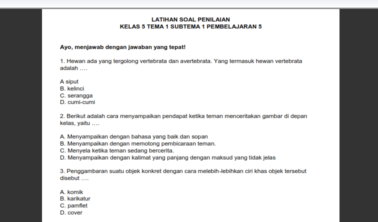 Latihan Soal Penilaian Kelas 5 Tema 1 Subtema 1 Pembelajaran 5 ... Latihan Soal Penilaian Kelas 5 Tema 1 Subtema 1 Pembelajaran 5 ...