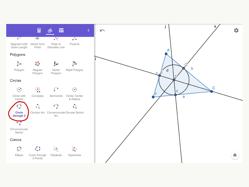 How to construct Incenter and Incircle in Geogebra