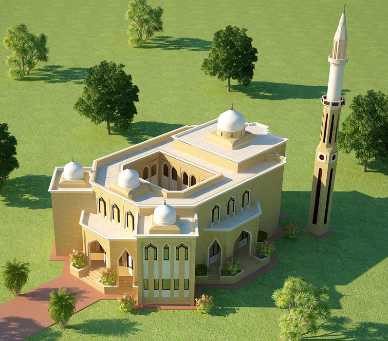 3D Front Elevation.com: Dimentia Muslim Mosque 3D Front Elevation Design