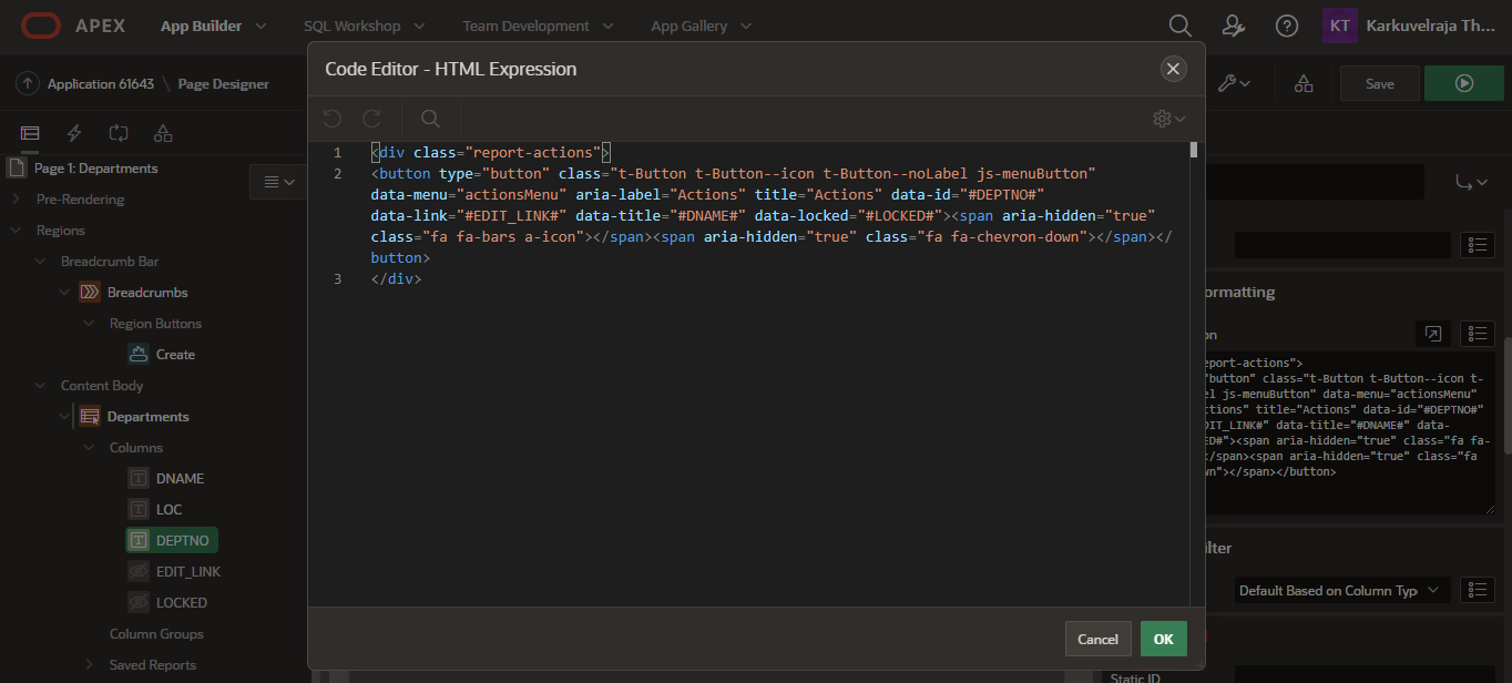Custom Action Menu in Oracle APEX Reports