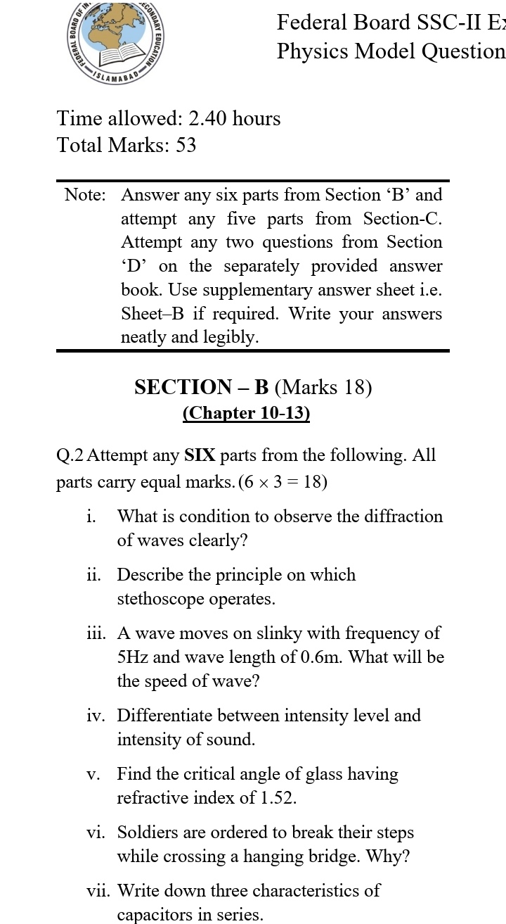 Fbise Class 10 Physics Model Paper New With Pattern- Book Download