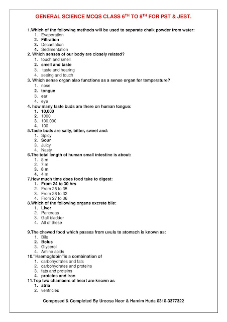 KNOWLEDGE FOR ALL: GENERAL SCIENCE ( 6 TO 8 CLASS ) MCQS FOR PST,JEST ...