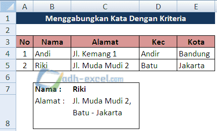 Menggabungkan Beberapa Kata Dengan Syarat atau Kriteria di Excel - ADH-EXCEL.COM Tutorial
