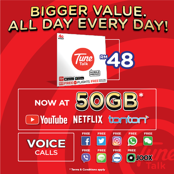 TuneTalk配套每月RM48，可获得50GB上网数据