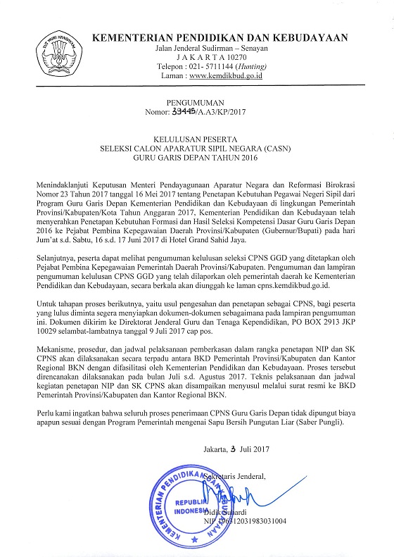 Pengumuman Kelulusan Peserta Seleksi CASN GGD Kemendikbud Tahun 2016 ... Pengumuman Kelulusan Peserta Seleksi CASN GGD Kemendikbud Tahun 2016 ...