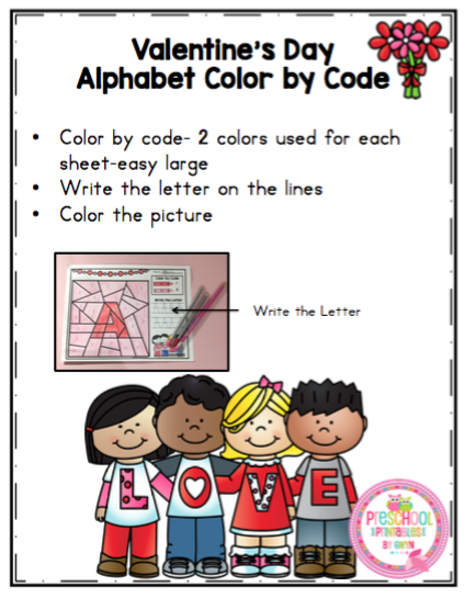 Valentine's Day Alphabet Color by Code "No Prep" ~ Preschool Printables