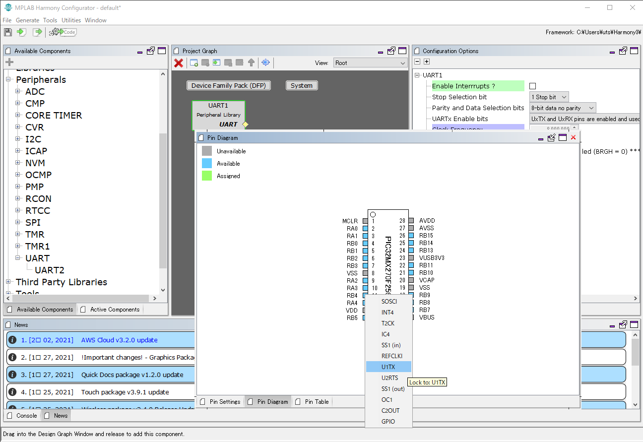PIC32MX270 - はじめて MPLAB Harmony 3 を使って Hello World!