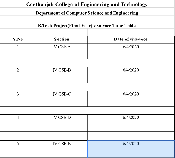 B.Tech CSE IV year Comprehensive and Project viva-voce Time Table