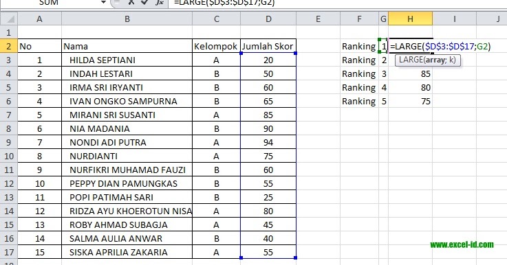 Function Cara Menentukan Ranking 5 Besar Dengan Rumus LARGE #Rumus Ajaib