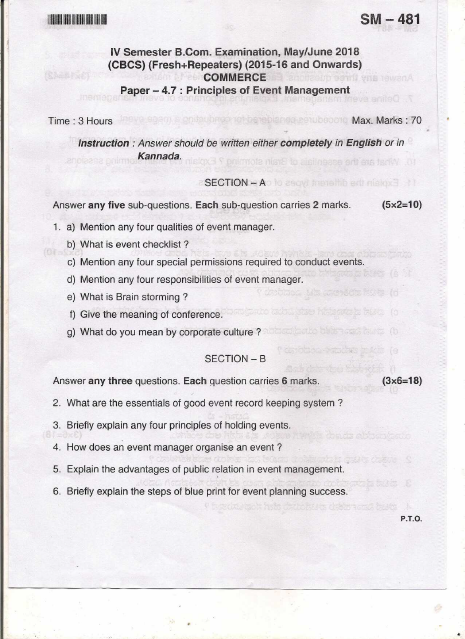 Bangalore University B.Com COMMERCE PAPER-4.7: PRINCIPLES OF EVENT ...