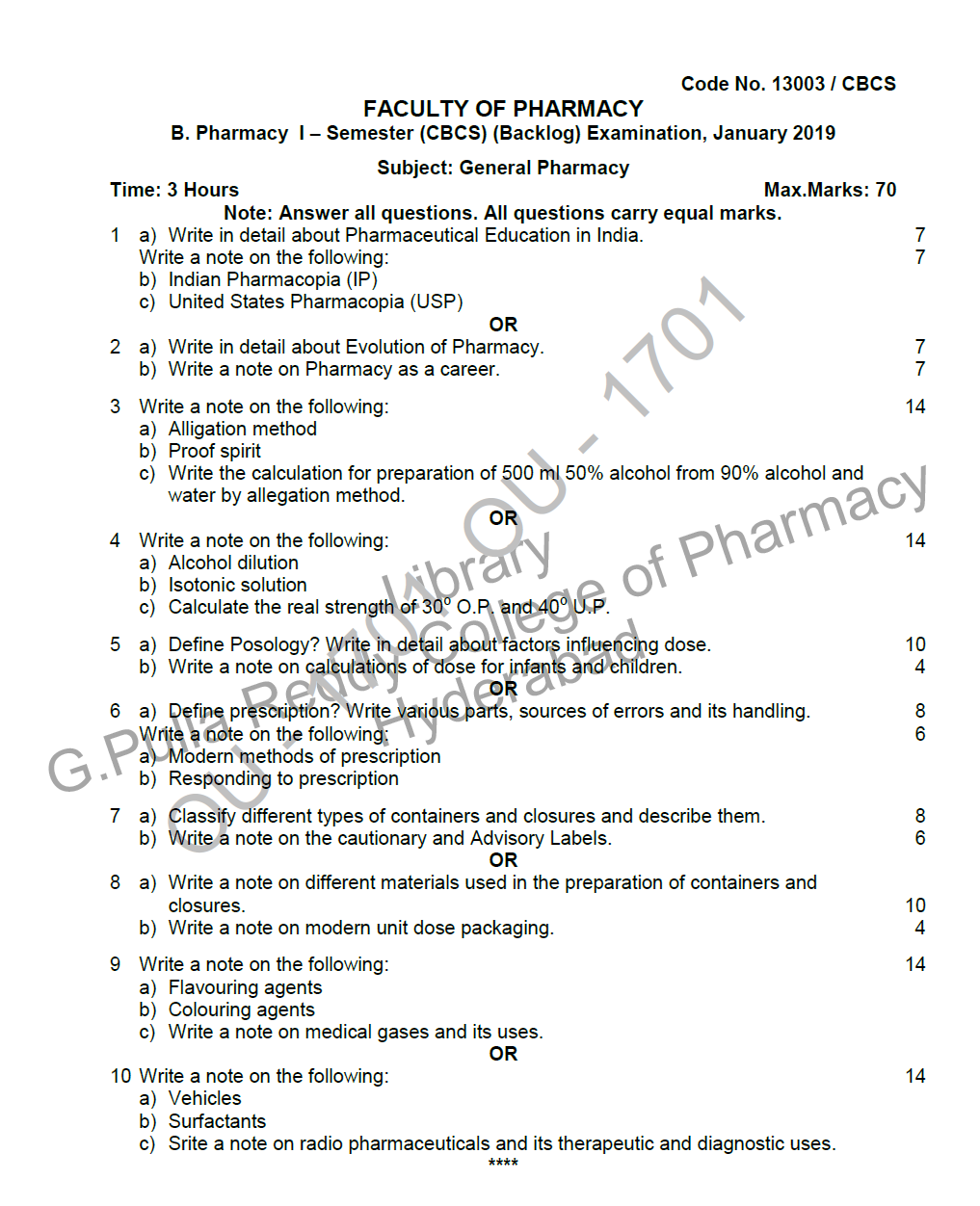 Osmania University B. Pharmacy I-Semester (CBCS) (Backlog) Subject ...