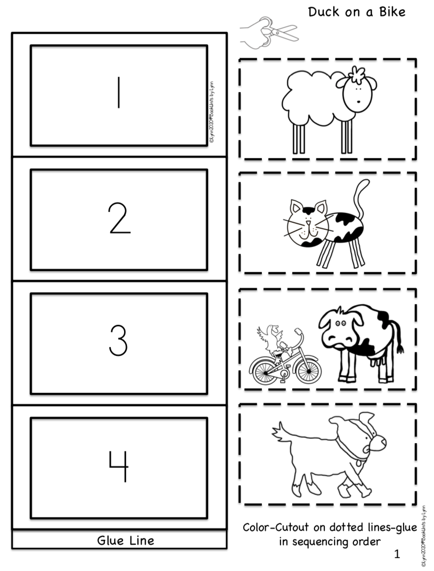 DUCK ON A BIKE BOOK SEQUENCING CRAFT ~ Book Units by Lynn