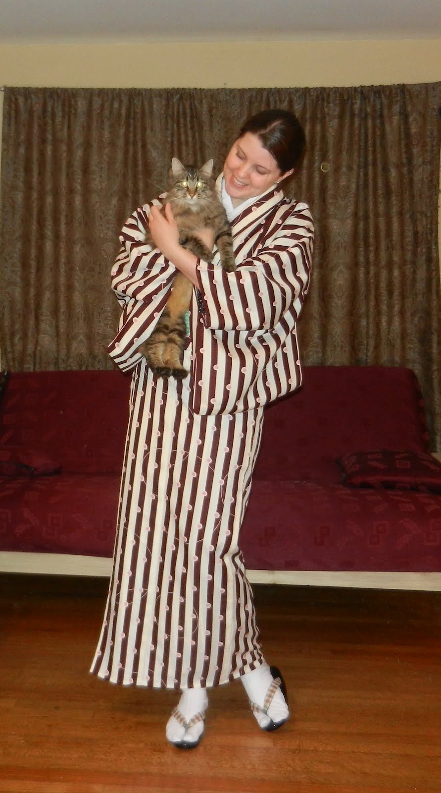 Asagiri Kimono: Burgundy Stripe TL Kimono Kitsuke with Gingham Obi
