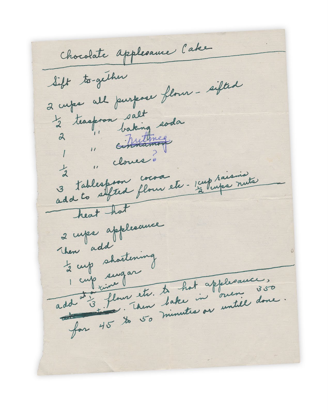 Handwritten Recipes: Chocolate Applesauce Cake