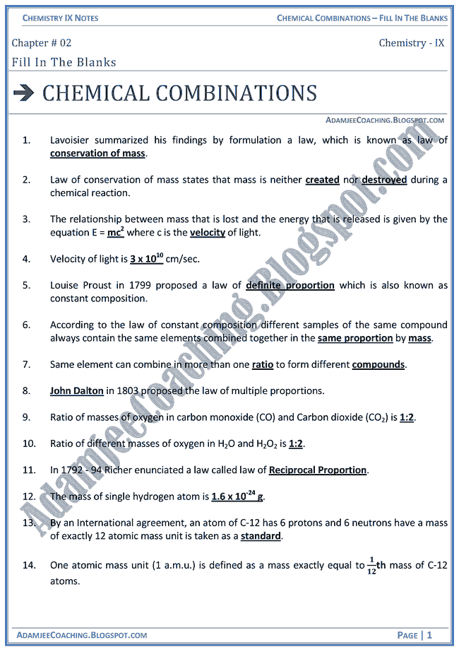Adamjee Coaching: Chemical Combinations - Fill in the Blanks - Chemistry IX