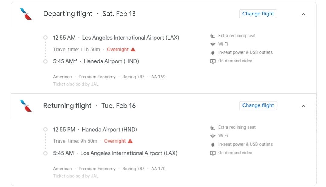 AA: LAX to HND from $1076 (Y+) - Premium Cabin Deals