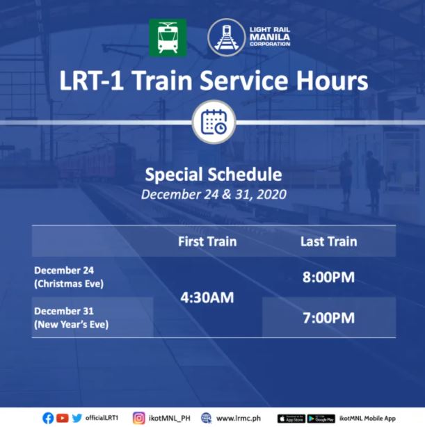 LIST: LRT, MRT, PNR schedule Christmas Holidays 2020, New Year