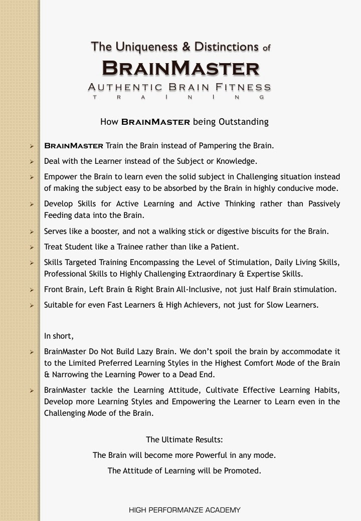 BRAINMASTER TRAINING - THE AUTHENTIC BRAIN FITNESS TRAINING: UNIQUENESS