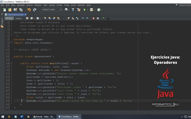 EJERCICIOS RESUELTOS de JAVA: Operadores / Cuanto dinero tienen los tres.