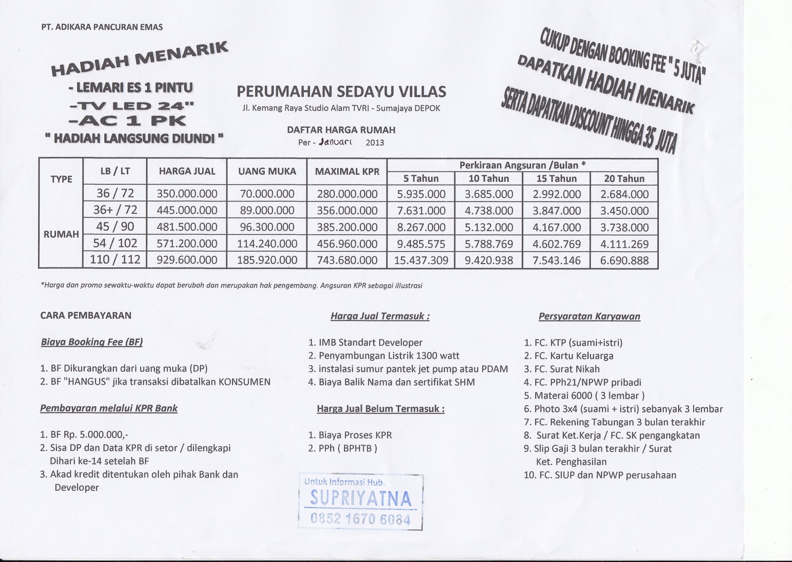 PERUMAHAN SEDAYU VILLAS: PRICE LIST