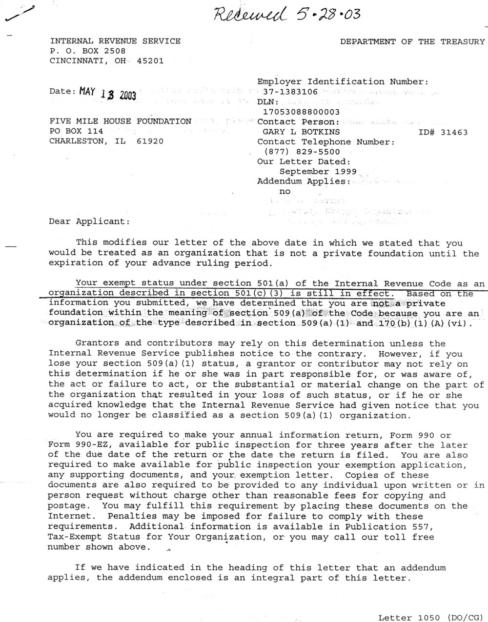 501C3 Determination Letter ~ Thankyou Letter