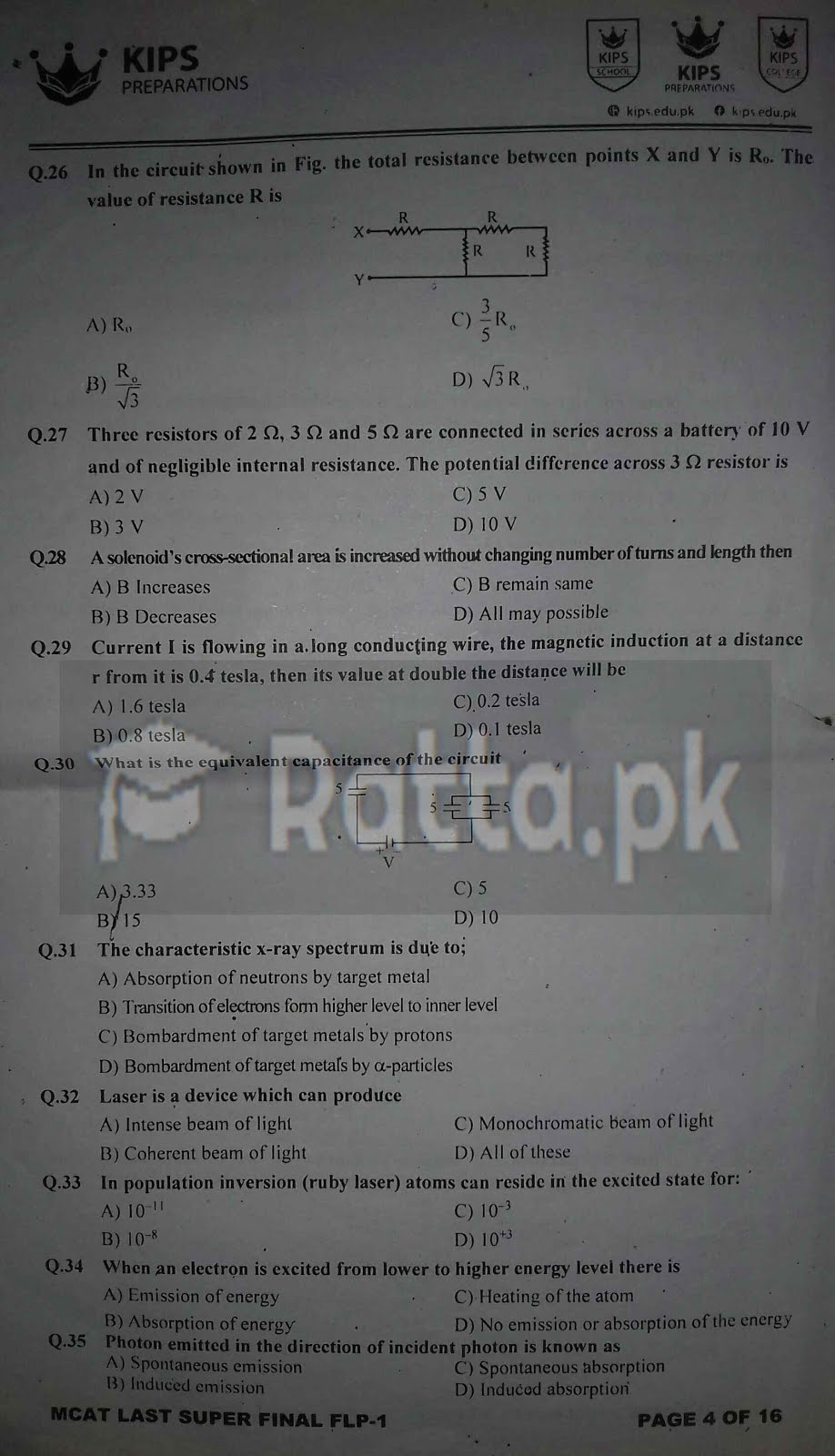 KIPS MCAT Ful Length Paper-1 Physics 2016| MCAT Last Super Final - Ratta.pk