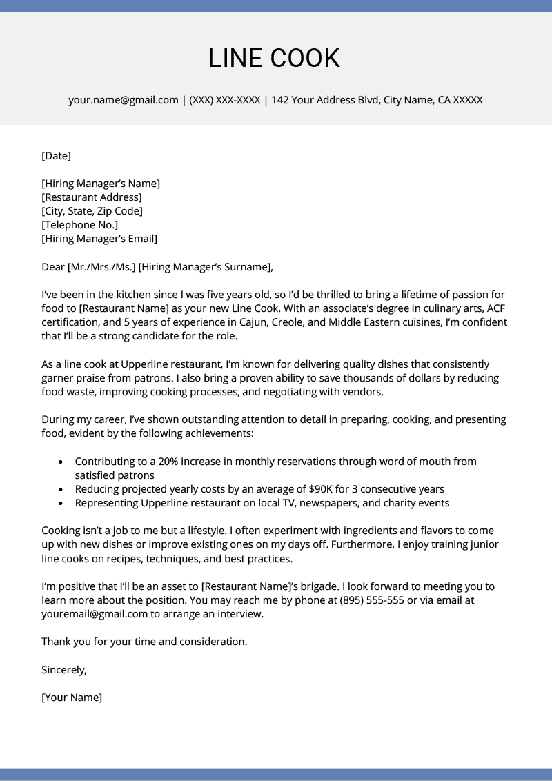 Culinary Cover Letter ~ Resume Letter