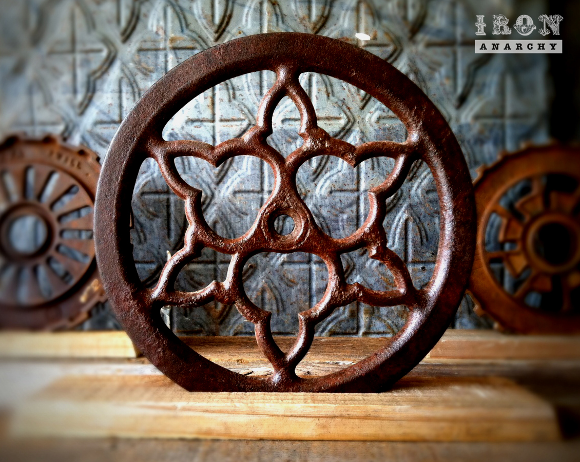 Ornate Antique Sewing Machine Wheel Sculpture