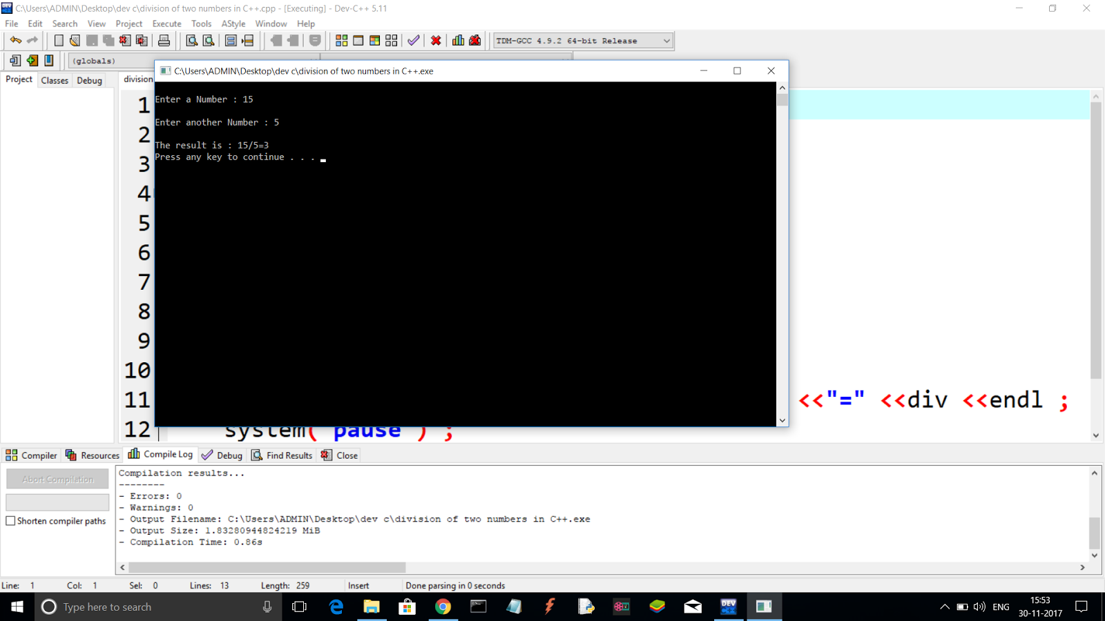 Division in C++ Language(integer division) without and with Class Division in C++ Language(integer division) without and with Class