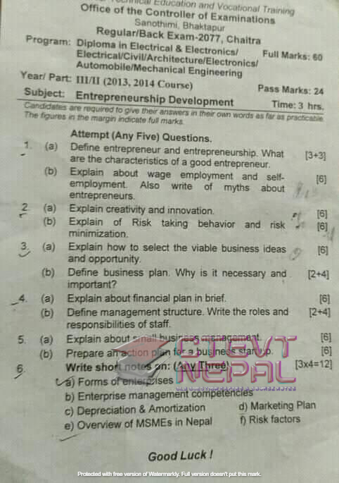 Entrepreneurship Development 6th Semester Questions Papers Ctevt Diploma In Civil