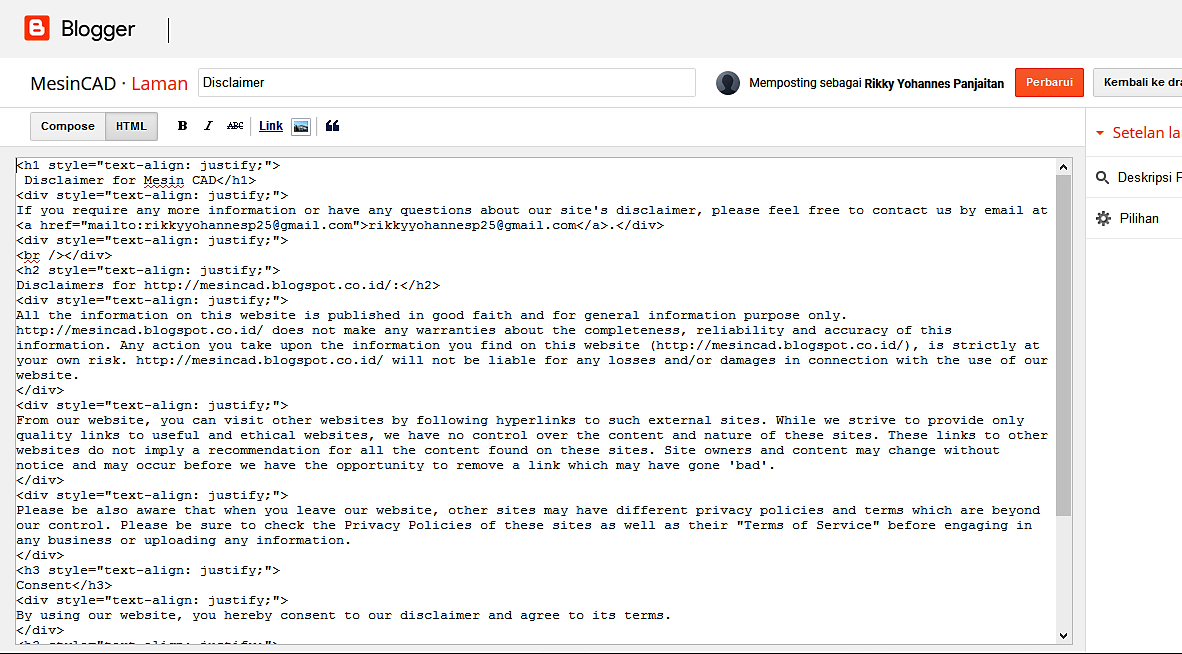 Cara Membuat Disclaimer di Blog - Mesin CAD