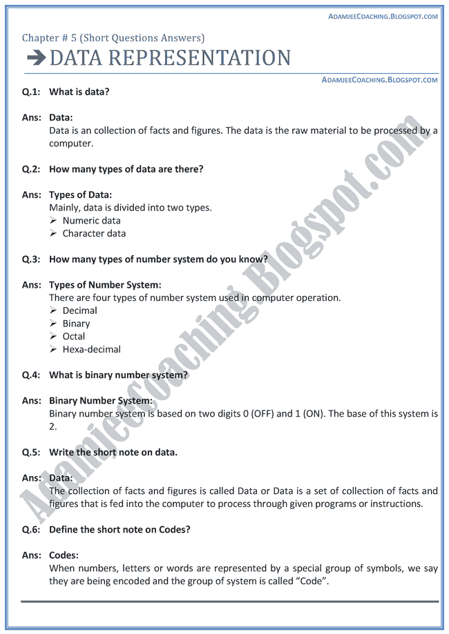 Adamjee Coaching: Data Representation - Short Question Answers ...
