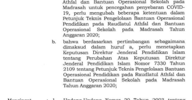 Juknis BOS Perubahan Tahun 2020 untuk RA dan Madrasah (MI, MTs dan MA) - antapedia.com