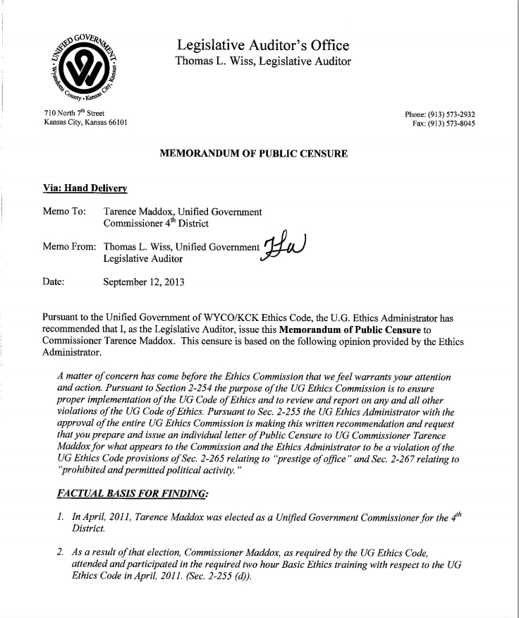 Kansas City Kansan: DOCUMENT: Maddox censure letter