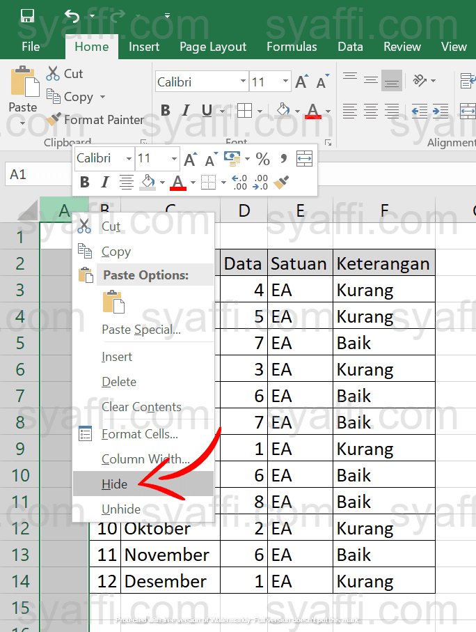 Cara Hide di Excel