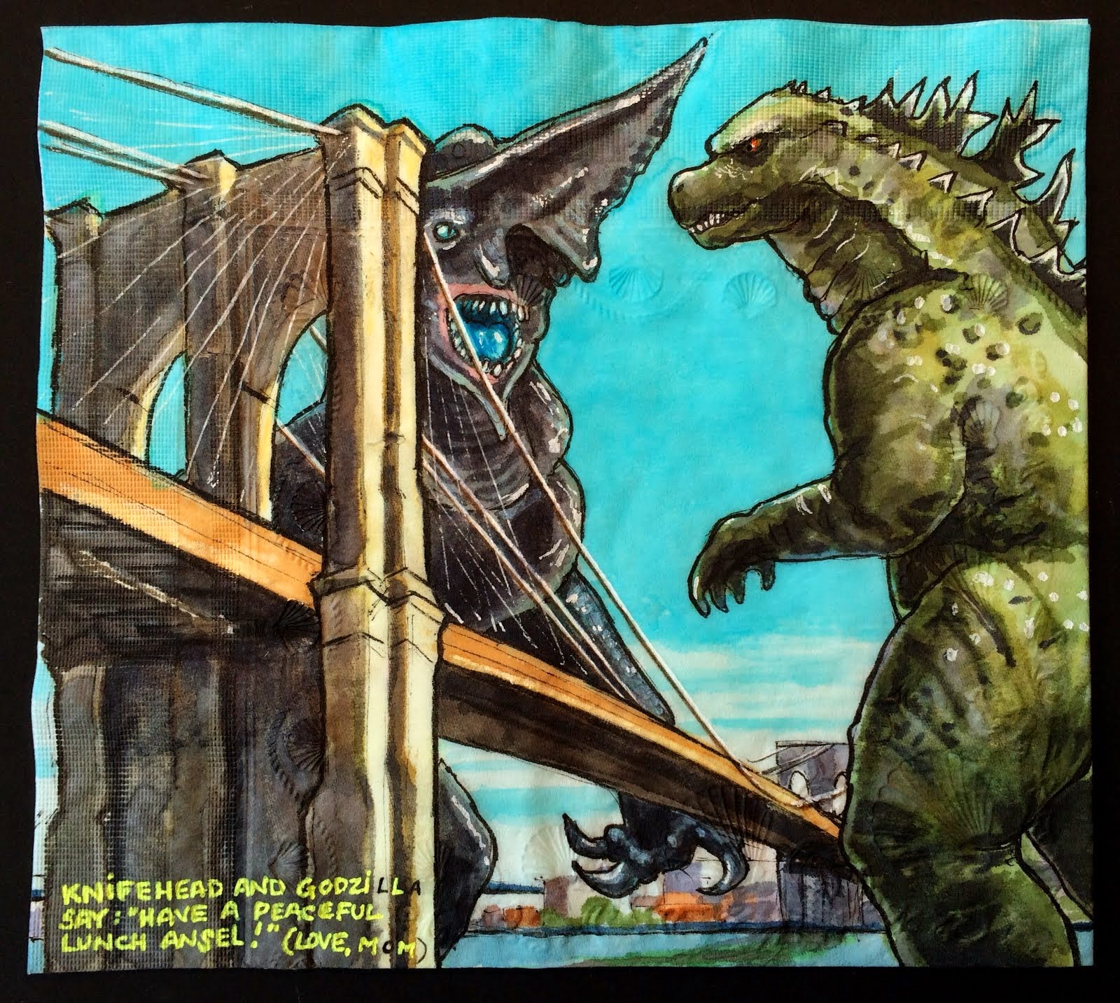 Daily Napkins: Knifehead and Godzilla Chat Across the Brooklyn Bridge