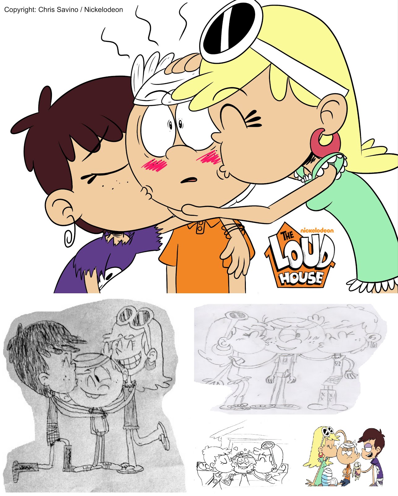 The Loud House: Leni and Luna kissing Lincoln - Nickelodeon - Chris Savino