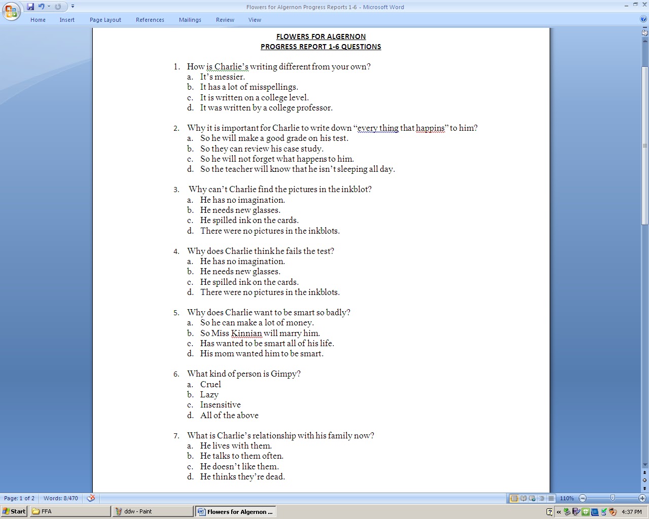 Tests for Teachers: Novel Reading Comprehension Packets