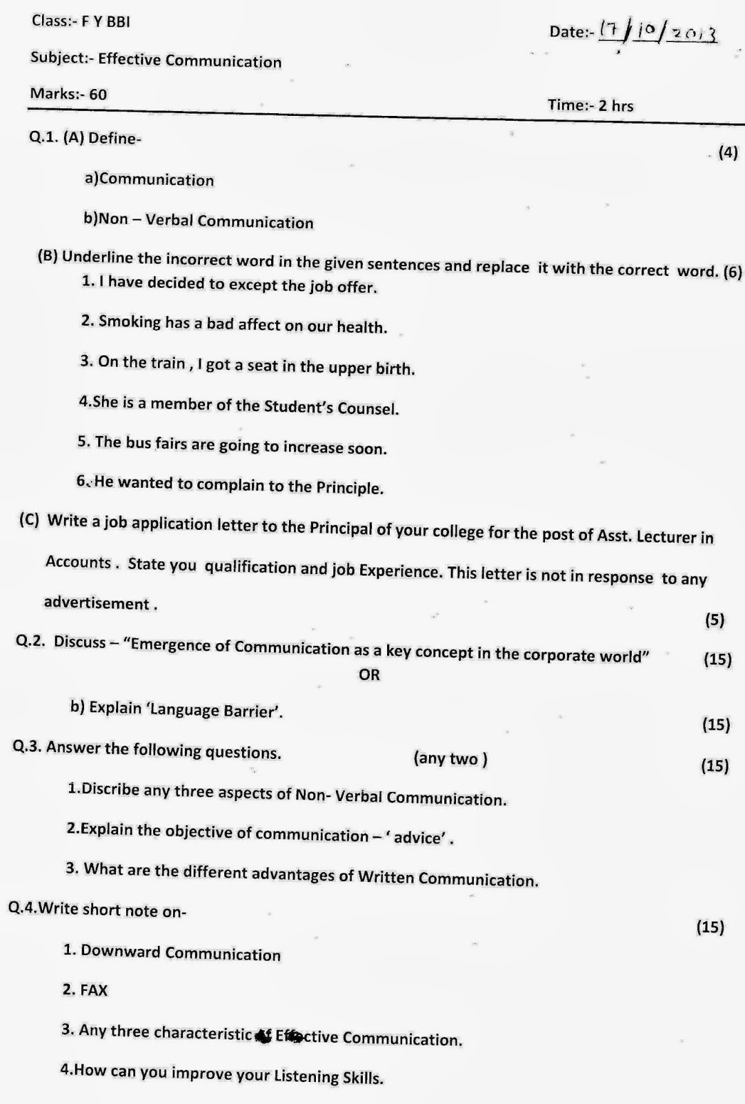 Question Papers Collection: FY B & I - Sem I - Effective Communication